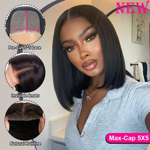 Glueless Max-cap Super Double Drawn 5X5 Straight BOB Wig 250% density ...